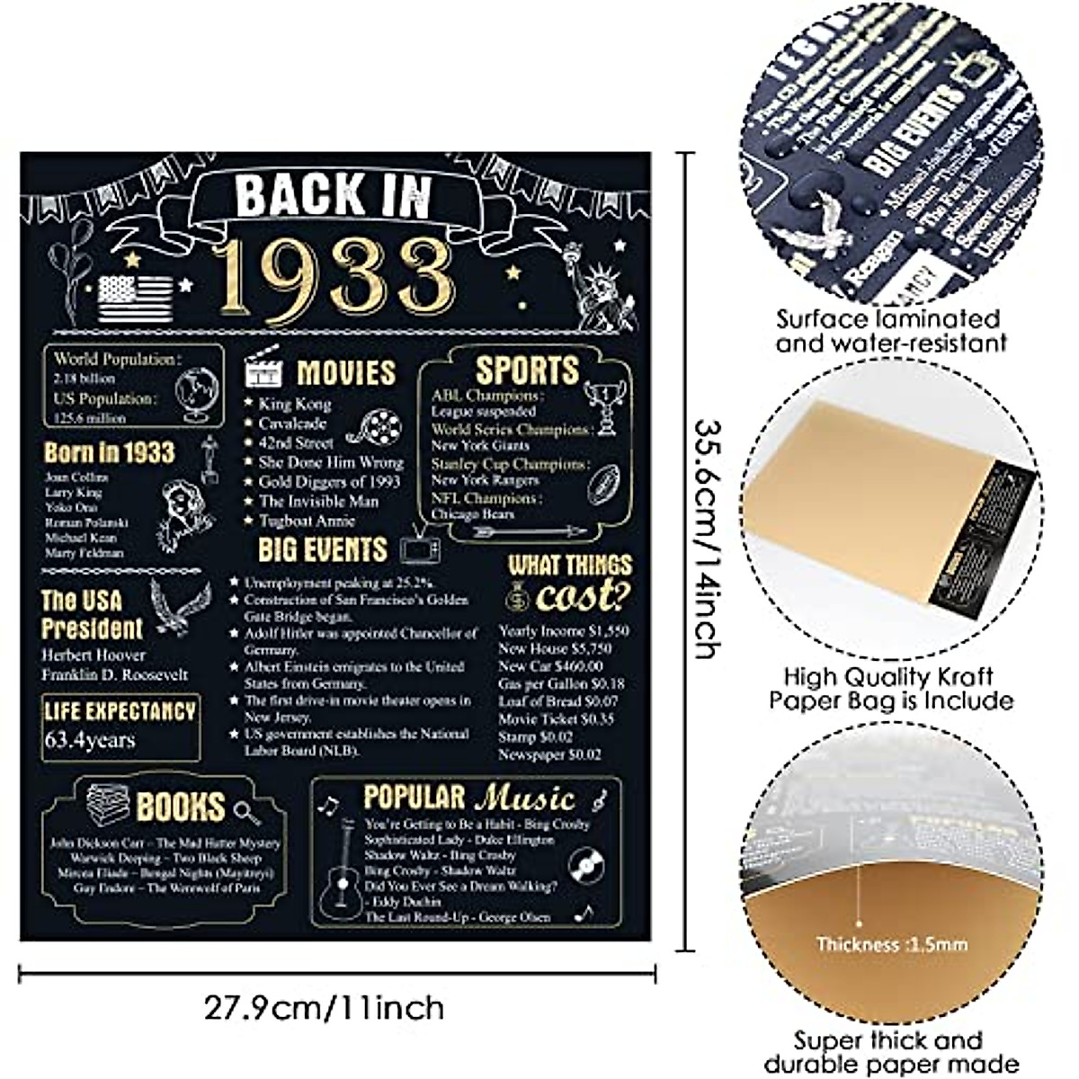 90th Birthday Decorations for Men Women 90th Birthday Gift for Him Back in 1933 Poster Decor Black and Gold 11 x 14 inch 90 Years Ago Decor(Back in 1933)
