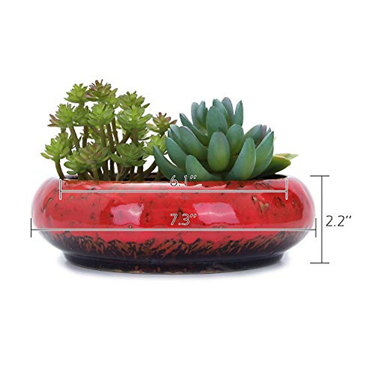 VanEnjoy 7.3 inch Round Large Shallow Succulent Ceramic Glazed Planter Pots with Drainage Hole, Bonsai Pots Garden Decorative Cactus Stand Flower Container (Red)
