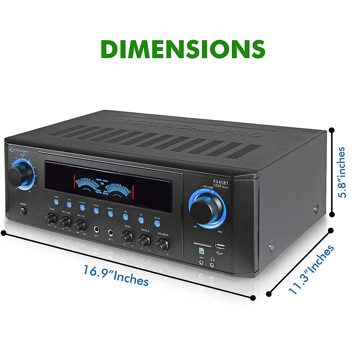 Technical Pro Professional 1000 Watts Receiver with USB SD Card Inputs, 2 Mic Inputs, Recorder, and Wireless Remote