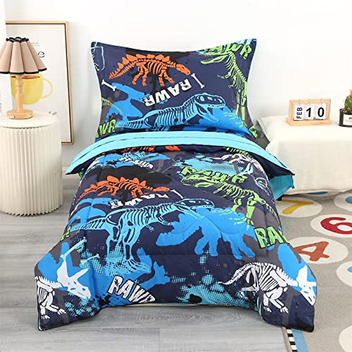Wowelife Dinosaur Toddler Bedding Sets for Boys and Girls, Premium 4 Piece Dinosaur Skeleton Toddler Bed Set Blue, Super Soft and Comfortable for Toddler