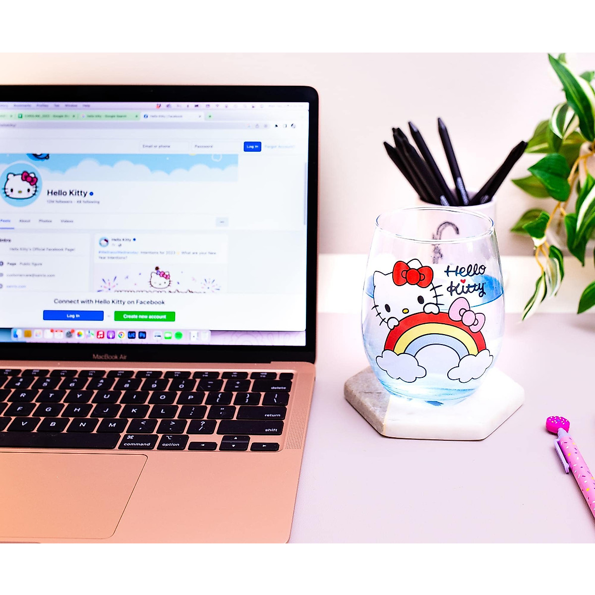 Toynk Sanrio Hello Kitty Rainbow Peek Stemless Wine Glass, Tumbler Cup For Cocktails | Holds 20 Ounces