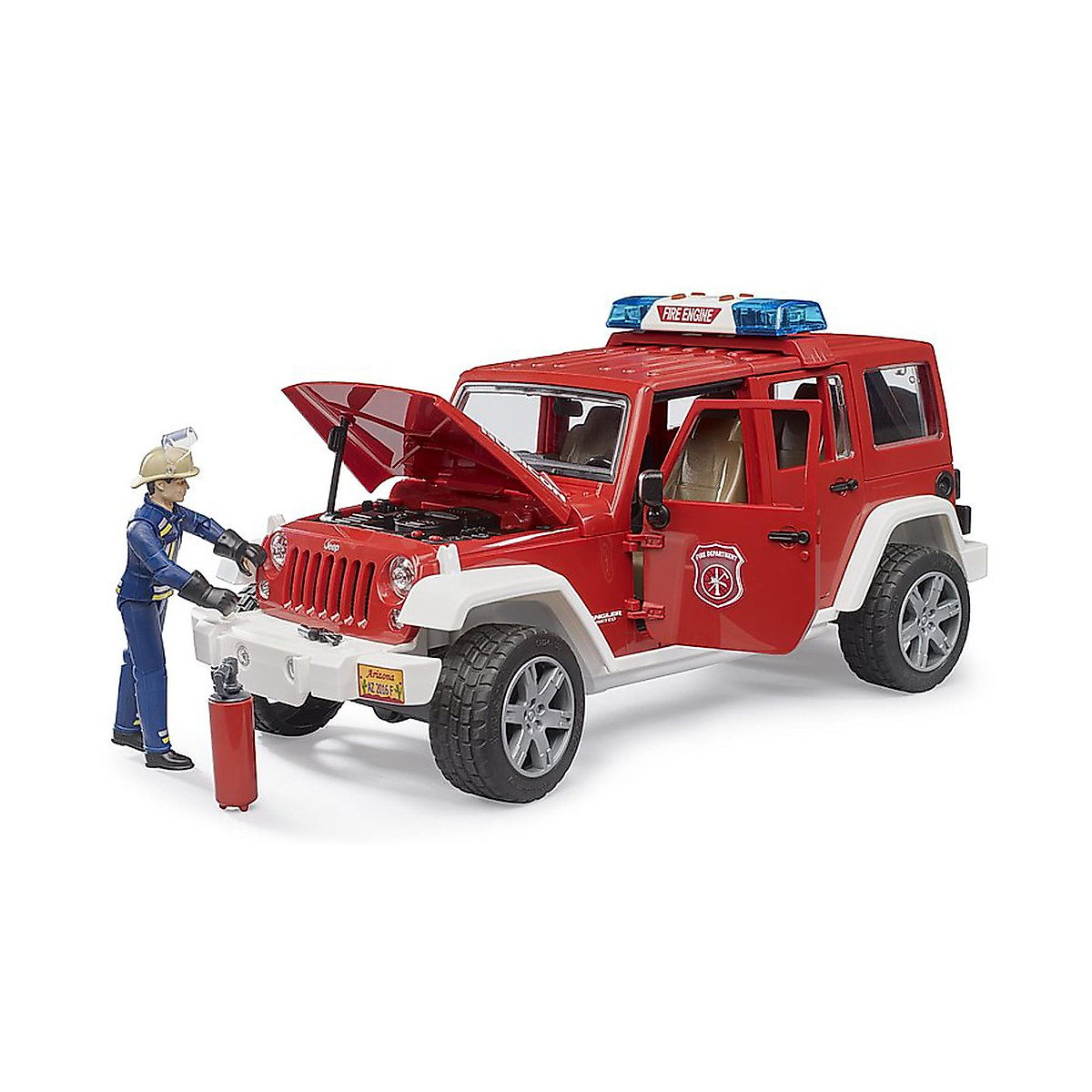 Bruder Jeep Rubicon Fire Rescue Vehicle with Electronic Emergency Siren Sounds and Fireman Figurine