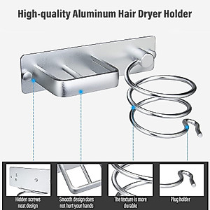 OSTTRPO Bathroom Hair Dryer Holder, Aluminum Alloy Material Wall Mounted Self Adhesive Hair Dryer Rack Compatible with All Hair Dryer Models - Silver