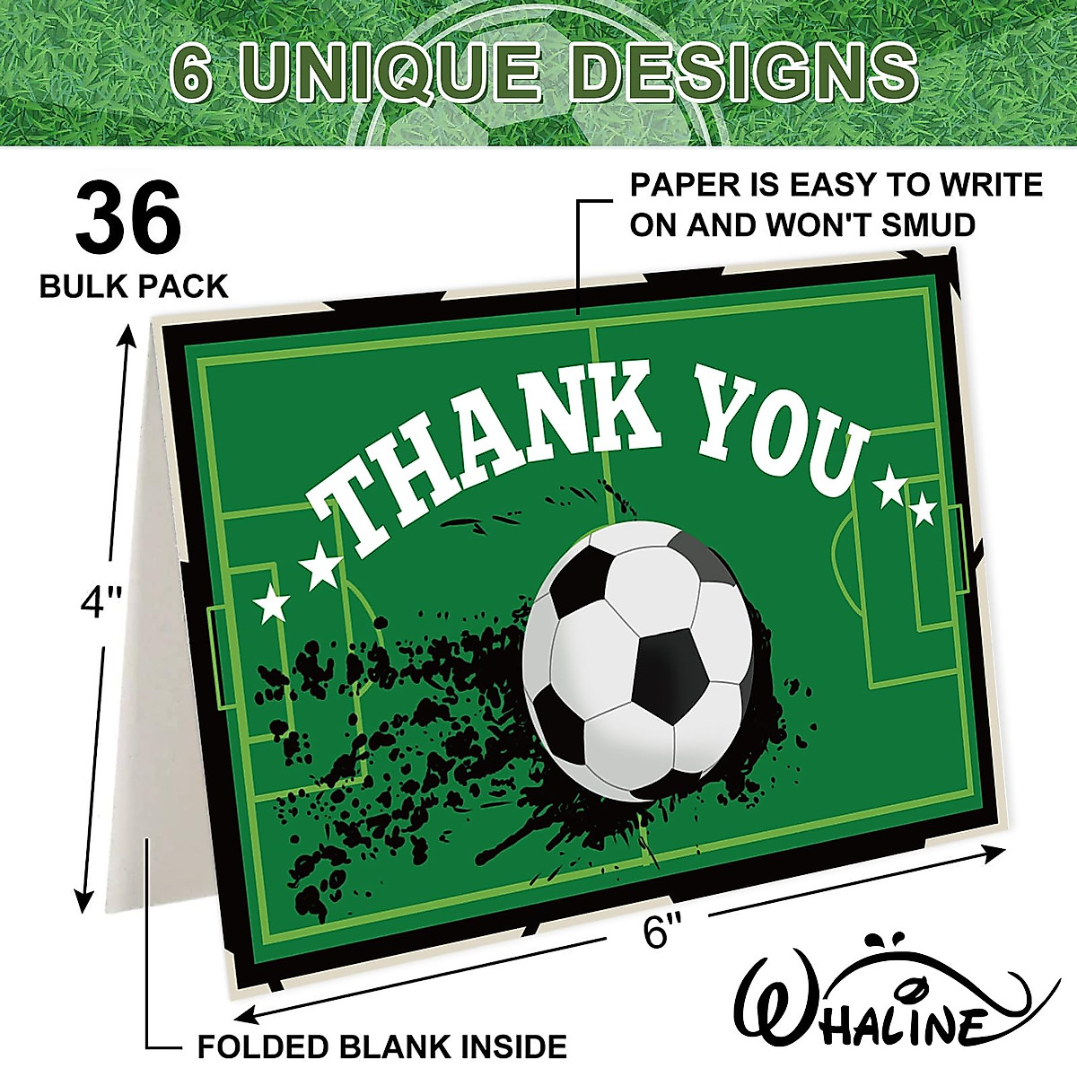 Whaline 36 Pack Football Thank You Cards with Envelopes Stickers 6 Design Green Soccer Blank Note Cards for Season Games Birthday Supplies, 4 x 6 Inch