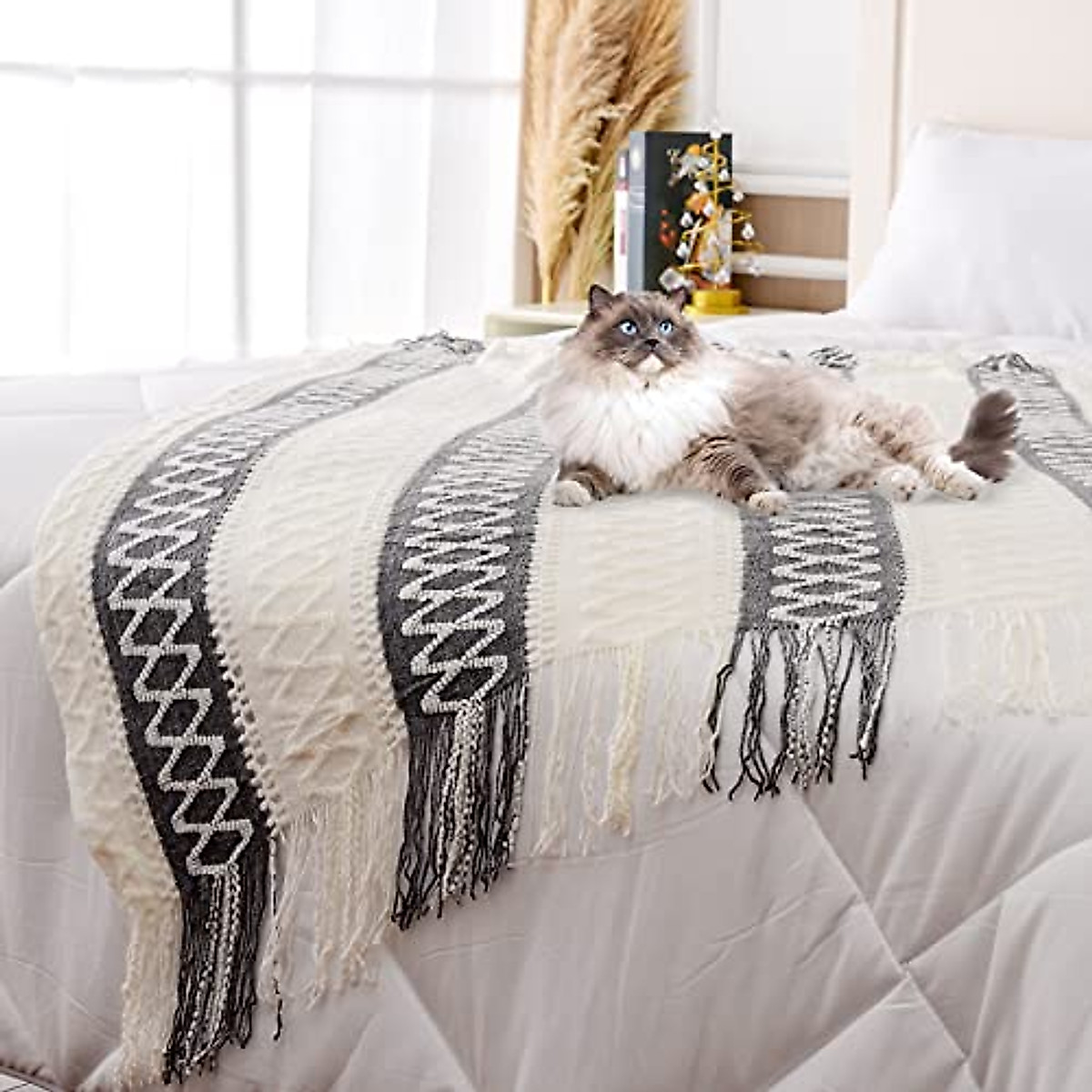 Quinnsus Knit Throw Blanket for Bed, Soft Lightweight Decorative Bed Throw Blankets, Jacquard Textured Boho Summer Throw Blanket with Tassels for Bed, Sofa and Living Room (Grey, 50 x 60 inches)