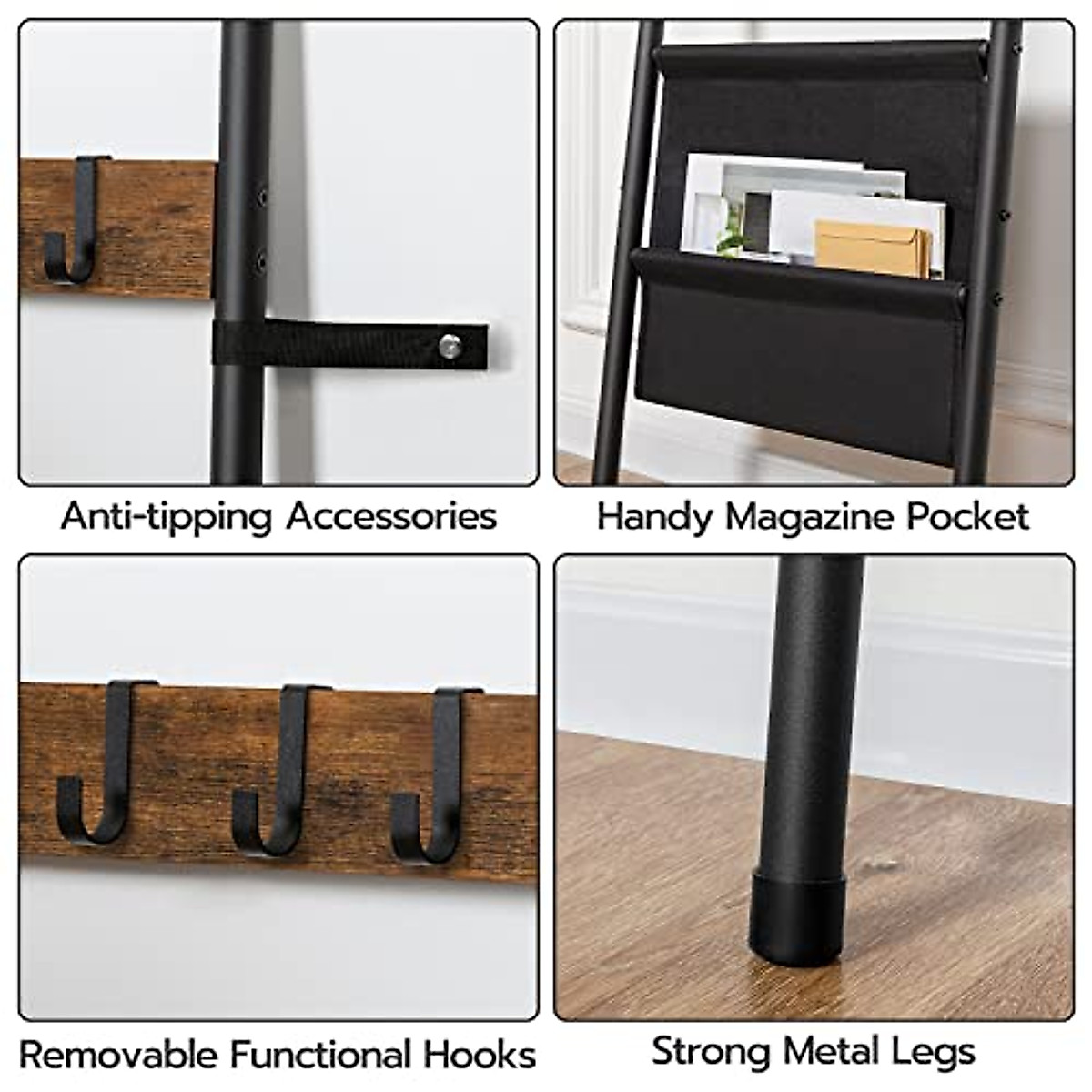 HOOBRO Blanket Ladder, 5 Tier Towel Rack, 17.3" L x 63" H, Wall-Leaning Blanket Rack, Decorative Ladder Holder with 4 Hooks and Pocket, Drying and Display Rack for Bathroom, Rustic Brown BF32CJ01