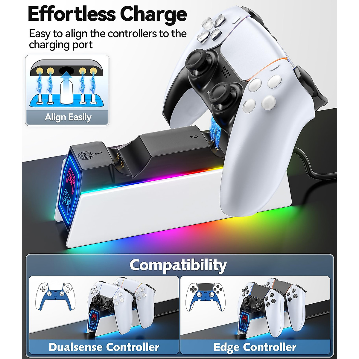 PS5 Controller Charger Station Compatible with Playstation 5 Skin Edge & Dual Controller, 9 RGB LED Light PS5 Accessories Charging Station, PS5 Charging Dock Stand with LED Indicators & Charging Cable