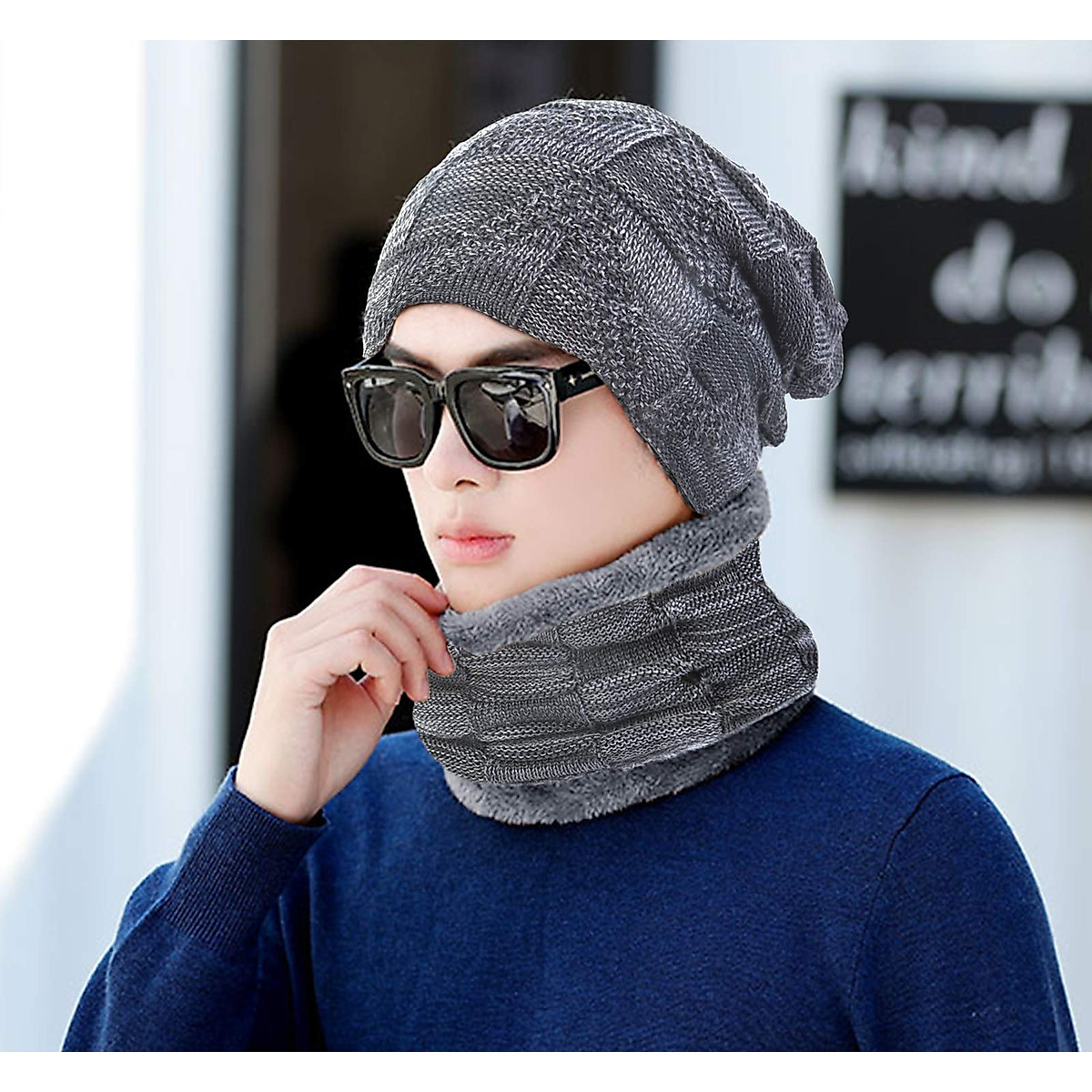 2 Pieces Winter Beanie Hat Scarf Set Thick Warm Knit Fleece Lined Skull Cap Scarves Gifts for Men,Y-Gray