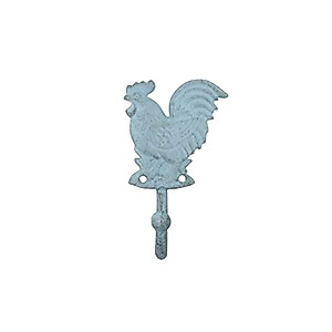 Handcrafted Nautical Decor Rustic Light Blue Cast Iron Rooster Hook 7"