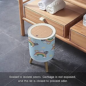 Trash Can with Lid Seamless Cute cat Rainbow Sky Animals Character Cartoon Design Press Cover Small Garbage Bin Round with Wooden Legs Waste Basket for Bathroom Kitchen Bedroom 7L/1.8 Gallon