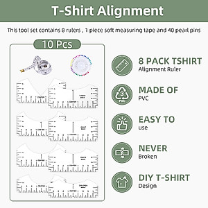 MFJUNS 10 PCS T-Shirt Ruler Guide - Tshirt Measurement Tools for Children Youth Adult, V-Neck/Round PVC Rule Rulers Designs Heat Press Accessories for Vinyl Alignment, Heat Press