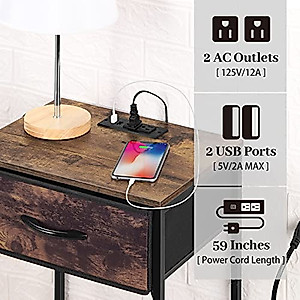 Bedroom Nightstands Set of 2 End Tables Living Room with Charging Station Farmhouse Side Tables Industrial Bedside Tables with Fabric Drawer for Small Spaces Guest Room Home Decor, Rustic Brown