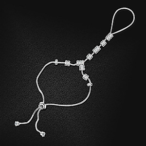 Aprilery Hand Chain Ring Bracelet, Fashion Silver AAA CZ Crystal Adjustable Slave Hand Chain Ring Bracelet Boho Hand Jewelry for Women(Rectangle A)