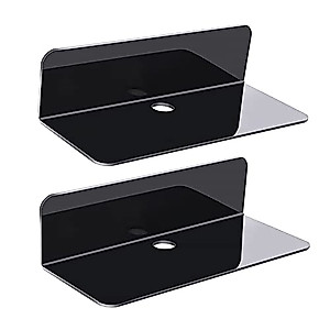 Acrylic Floating Wall Shelves 2 pcs, Damage-Free Expand Wall Space, Small Display Shelf for Smart Speaker/Action Figures with Cable Clips, Bluetooth Speaker, Webcam, Phone Stand (Black)