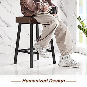 MNEETRUNG Bar Stools Set of 2, Counter Height Saddle-Seat PU Leather Bar Stools for Kitchen Counter Backless Modern Square Barstools Upholstered Faux Leather Stools Farmhouse Island, Brown