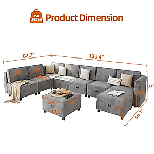 GAOMON 139.4" Chenille Reversible Sectional Sofa, 9-Seater Modular Sectional Sofa, Comfy Sectional Sleeper Sofa Couch with Chaise, U-Shape Modular Couch with Storage Seats & Ottomans, Grey