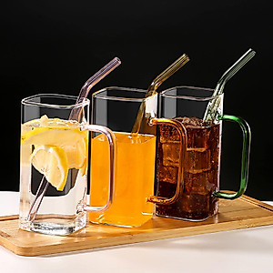 Qianly milk Cup, with Lids and Straws Handle, Drinking Glass Bottle,Square Drinkware Teacup Glass Mug, for Juice Party Milk Breakfast Travel, Pink