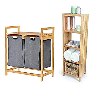 ToiletTree Products Bamboo Hamper with Dual Compartments and Deluxe Bamboo Freestanding Bathroom Organizing Shelf, 5-Tier Shelf Bundle