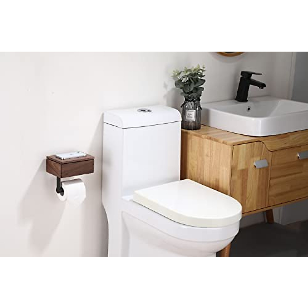 Day Moon Designs Toilet Paper Holder with Shelf - Flushable Wipes Dispenser & Storage Fits Any Bathroom, Keep Your Wet Wipes Hidden - Wooden Wall Mount Bathroom Organizer - Small, Dark Wood