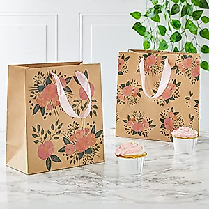 24 Pack Reusable Kraft Paper Floral Gift Bags with Pink Ribbon Handles for Party Favors, Mothers Day, Weddings, Birthday Celebration, Baby Shower, 2 Designs (9 x 8 In)