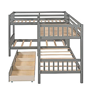 TARTOP L-Shaped Bunk Beds for 4,Solid Wood Bunk Bed Frame with 3 Storage Drawers,Twin Over Twin Size Corner Bunk Bed,Wood Quad Bunk Beds Frame for Kids Teens Girls Boys,Gray