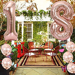 Number 18 and Rose Gold Confetti Balloons, 40 Inch Rose Gold Number 18 Balloon with 5PCS 12 Inch Rose Gold Confetti Balloons for 18th Birthday Party Decorations 18th Anniversary Decoration