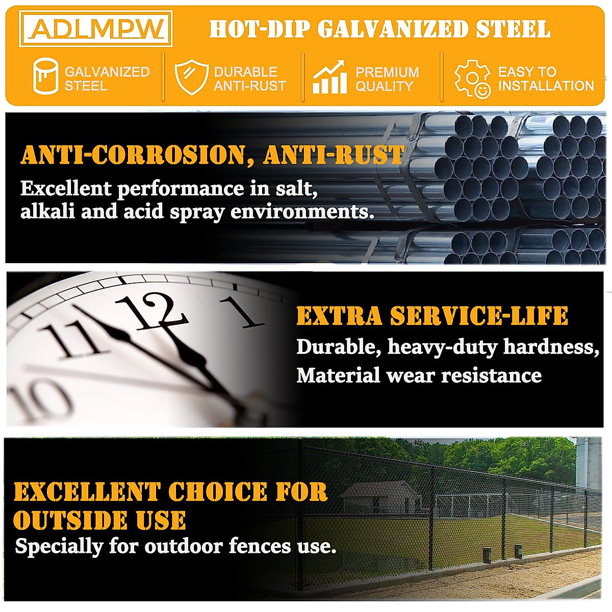 1-3/8" × 32" Gate Drop Rod, Galvanized Steel Gate Cane Bolt for Chain Link Fence, with 2pcs 1-3/8" Female gate Frame Hinge.