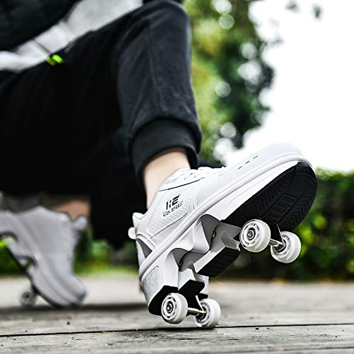 TAILORIA Double Row Roller Skate Roller Shoes Unisex Kick Roller Shoes Four Wheel Skateboard Shoes Children's Skates Detachable 2 in 1 Roller Skates White