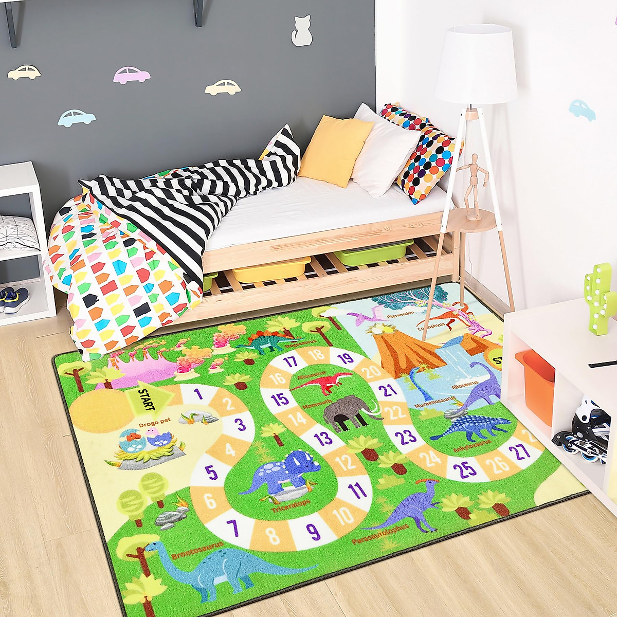 Chicrug Kids Dinosaur Playmats Educational Area Rugs, Kids Play Mat Carpet for Learning Numbers, Animals and Words for Children's Room Playroom Nursery, Kid's Floor Play Rug for Bedroom, 3x5 Feet