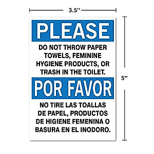 Please: Do not Throw Paper or Trash in Toilet, Bilingual Sign, 5" high x 3.5" Wide, Black/Blue on White, Self Adhesive Vinyl Sticker, Indoor and Outdoor Use, Rust Free, UV Protected, Waterproof
