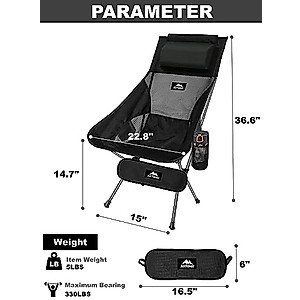 AnYoker Camping Chair, High-Back Compact Backpacking Chair, Portable Folding Chair, Beach Chair with Side Pocket and headrest, Lightweight Hiking Chair 0066ZZ (Coffee)