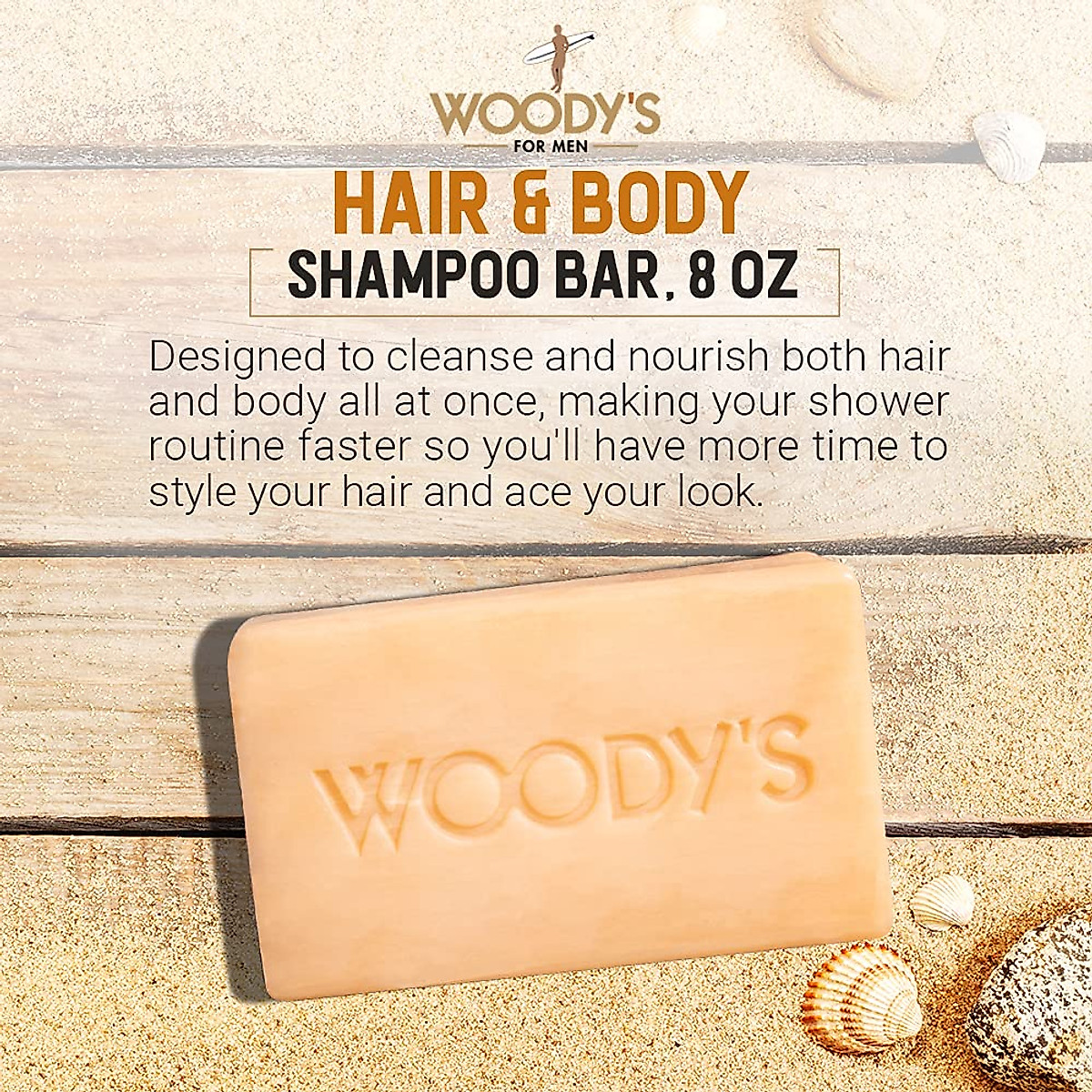 Woody's Men's 2-in-1 Hair & Body Shampoo Bar, Rich, Thick Lather Formula, Conditions, Nourishes, Moisturizes, For All Skin Types, 8 Oz.