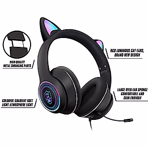 Zuri Sana Cat Ear Gaming Headphones Wired AUX 3.5mm with LED Light, Foldable Stereo Game Music Sound Over-Ear Headsets with Microphone Kids Adult Gift for PC, PS4, Switch, Cellphone, Pad, Laptop