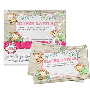 Amanda Creation Watercolor Jungle Monkeys Diaper Raffle Tickets for Baby Girl Showers, 20 2" X 3” Double Sided Insert Cards for Games, Bring a Pack of Diapers to Win Favors & Prizes!
