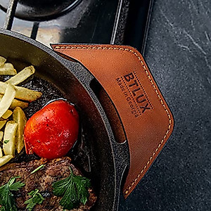 BTLUX Cast Iron Handle Cover, Set of 2 - Extra Thick Leather Heat Resistant Handle Holder for Cast Iron Skillets, Pans - 𝐌𝐚𝐝𝐞 𝐢𝐧 𝐆𝐞𝐨𝐫𝐠𝐢𝐚