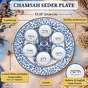 Artistic Passover Seder Dinnerware Set Floral Hamsa Design by Jessica Sporn - Quality Porcelain Round Seder Plate Square Matzah Tray Silk Matzo Cover, Afikoman bag - Pesach Decoration by Aviv Judaica