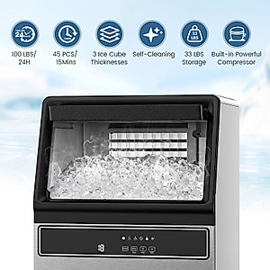 COWSAR Commercial Ice Make Machine100 lbs/24H, 45 Ice Cubes/Cycle Upgrade Stainless Steel Ice Maker with Self Cleaning& 48 Hour Timer for Bar/Cafe/Restaurant/Home, Under Counter Ice Machine
