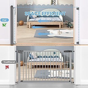 HAMOPY Retractable Baby Gate, 33" Tall, Extends up to 72" Baby Gates Extra Wide, Mesh Gates for Kids or Pets with Alarm, Durable Child Safety Gate for Doorways, Stairs, Hallways, Indoor/Outdoor (Grey)