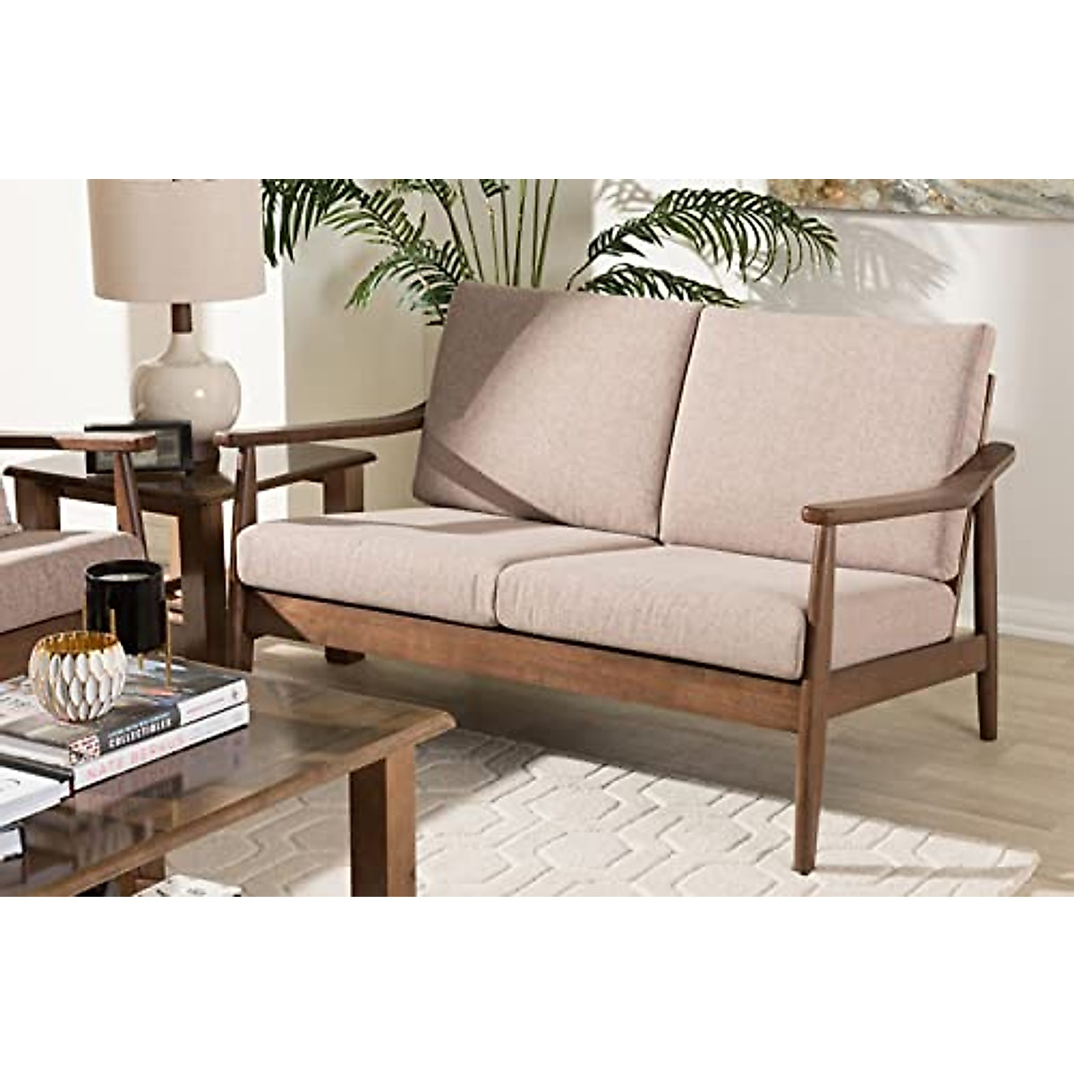 Baxton Studio Venza Mid-Century Modern Walnut Wood Light Brown Fabric Upholstered 2-Seater Loveseat