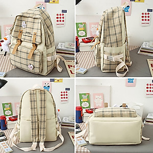 DAHUOJI 5Pcs Kawaii Backpack Set with Badge & Duck Pendant,Japanese Aesthetic Check Bookbag for Girls Cute Plaid School Bags Comes with Tote Bag,Shoulder Bag,Pencil Box,Small Bag(Black,16in)