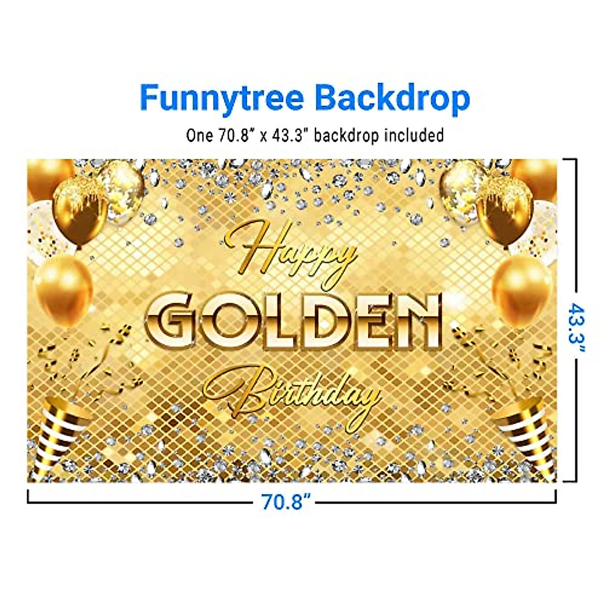 Funnytree 70.8" x 43.3" Happy Golden Birthday Backdrop Gold Shiny Glitter Diamonds Balloons Background Bday Girls Luxury Party Supplies Banner Cake Table Decor Photobooth Props Gifts Fabric