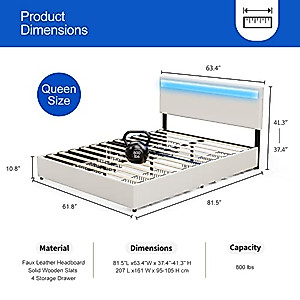 IKIFLY LED Bed Frame with 4 Storage Drawers, Upholstered Queen Size Storage Bed with Adjustable Headboard & LED Lights, Mattress Foundation, No Box Spring Needed, Easy Assembly - White/Queen