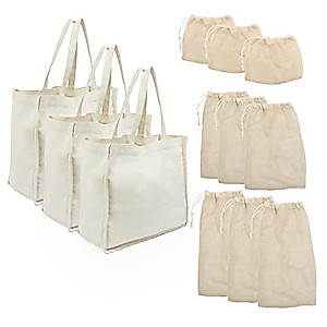 Reusable Grocery Bags Set of 12, 100% Cotton Plain Cloth Blank Canvas Heavy Duty Bag Bundle, With Handles for Shopping, Produce, Farmers Market, Include 3 Small, 3 Medium, 3 Large Mesh Bags, 3 Tote
