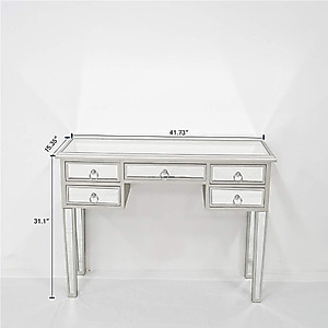 MTFY Mirrored Console Table,Mirrored Makeup Vanity Table Desk, 5 Drawer Media Console Table for Women Home Office Writing Desk Smooth Finish with Ring Knobs (5 Drawer,Silver)