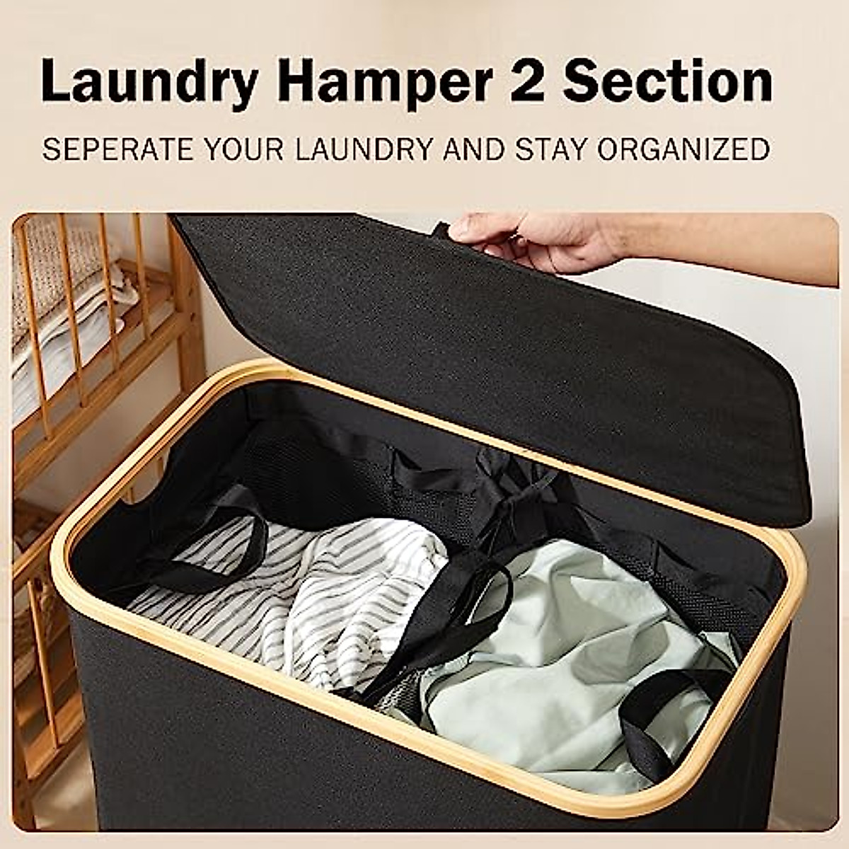 YOUDENOVA 145L Double Laundry Hamper with Lid, Black Laundry Basket with Lid & Removable Bag, Collapsible Laundry Basket Organizer, Dirty Clothes Hamper with Lid for Bedroom, Living Room