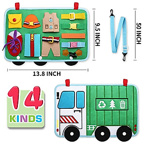 Toddler Busy Board, 14 in 1 Activity Board(Garbage Car Style), Montessori Sensory Toy for Fine Motor Skills, Learning Toy for Airplane or Car Travel, Preschool Educational Gift for Kids Boys Girls