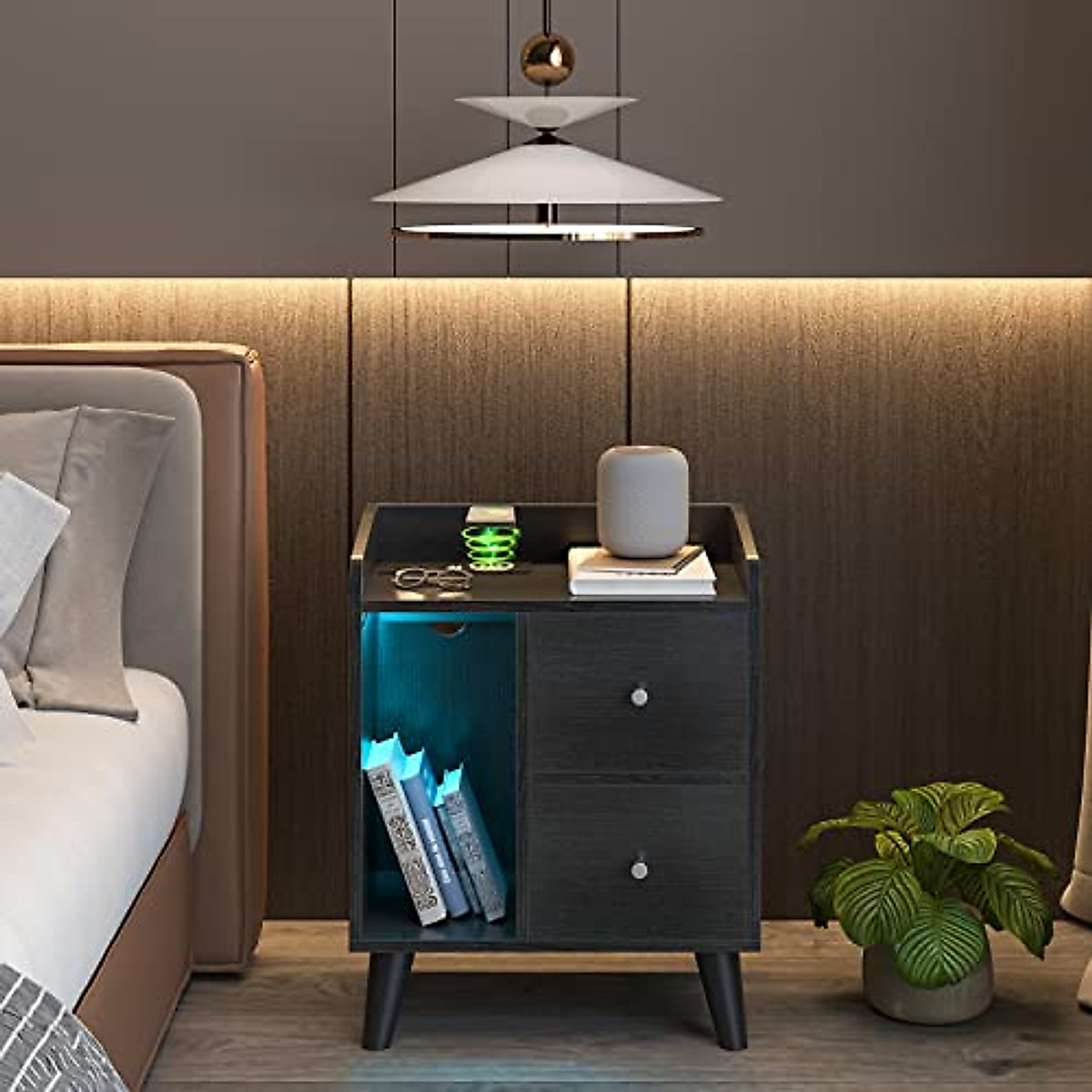 Saudism LED Nightstand with Wireless Charging Station, RGB Lights Night Stands for Bedroom, Smart Charging Bedside Table End Table with Two Drawers and Open Shelves (Black)