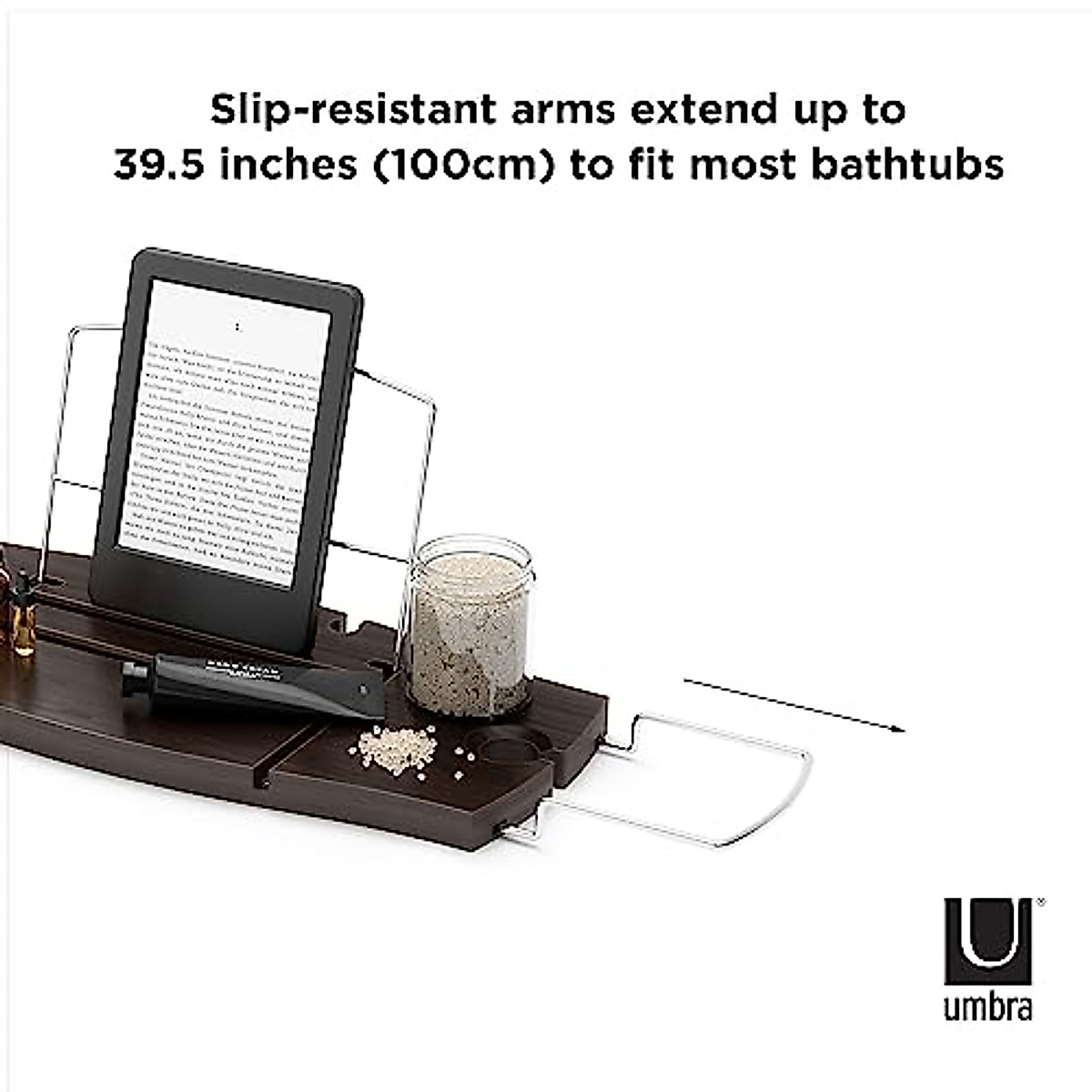 Umbra Aquala Bathtub Tray Bamboo Extendable and Adjustable Tray Holder, Walnut