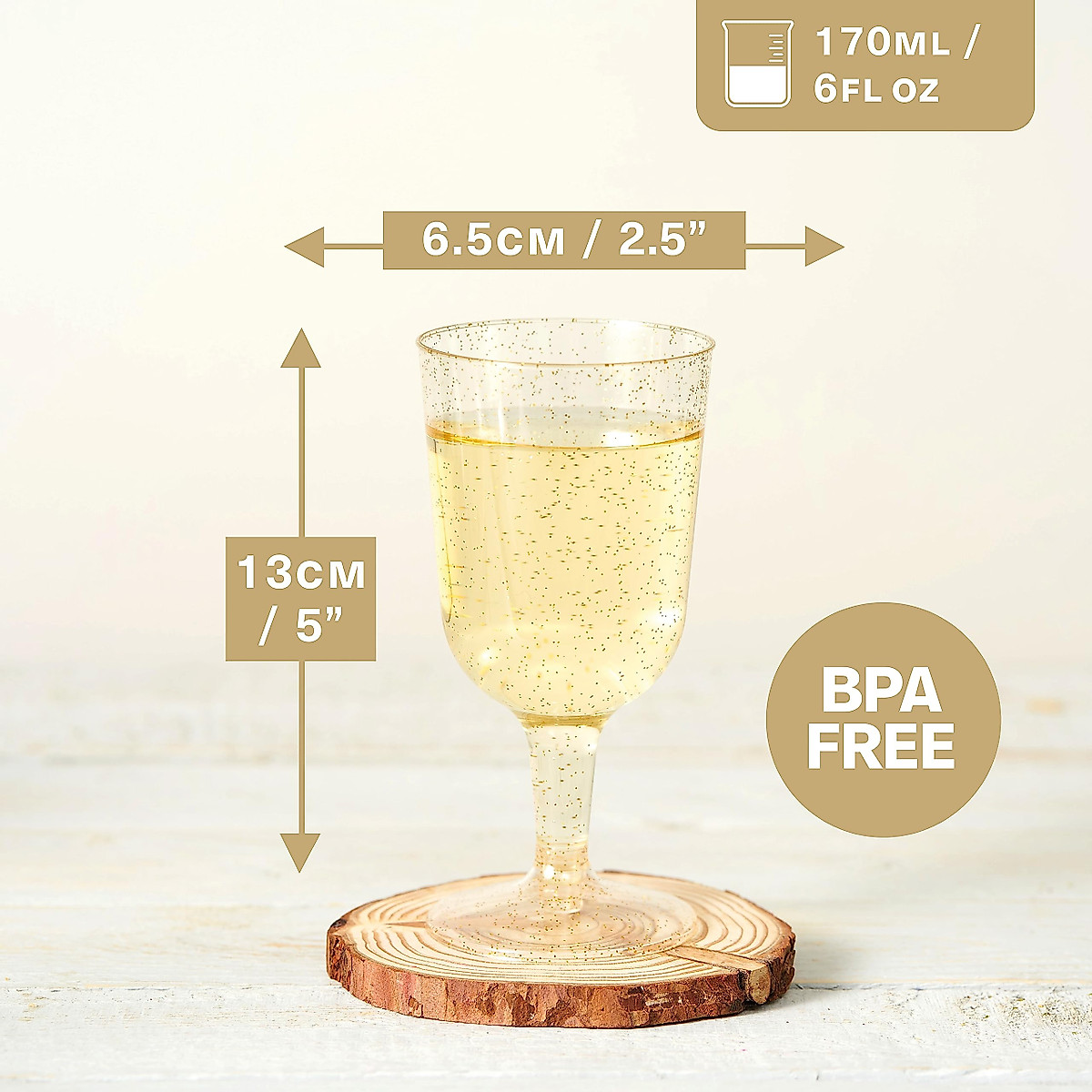 MATANA 50 Gold Glitter Goblet Plastic Wine Glasses for Weddings, Birthdays, Bridal Shower & Parties, 6oz - Sturdy & Reusable