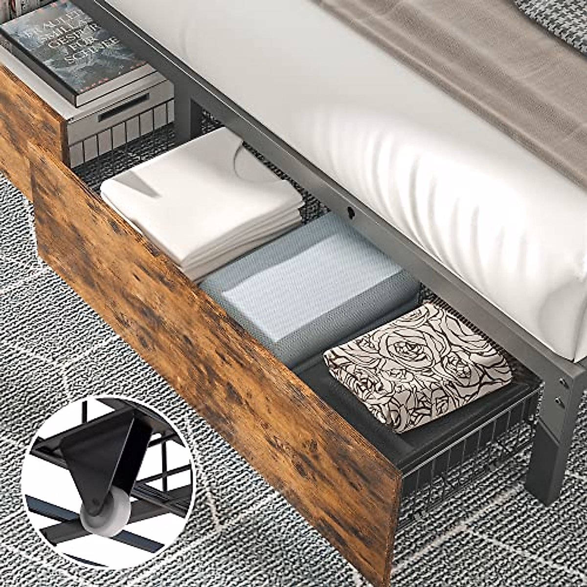 IRONCK King Bed Frame with 2 XL Storage Drawer, Platform Bed Frame Strong Steel Double Reinforced Support, No Box Spring Needed, Wooden Board Decor